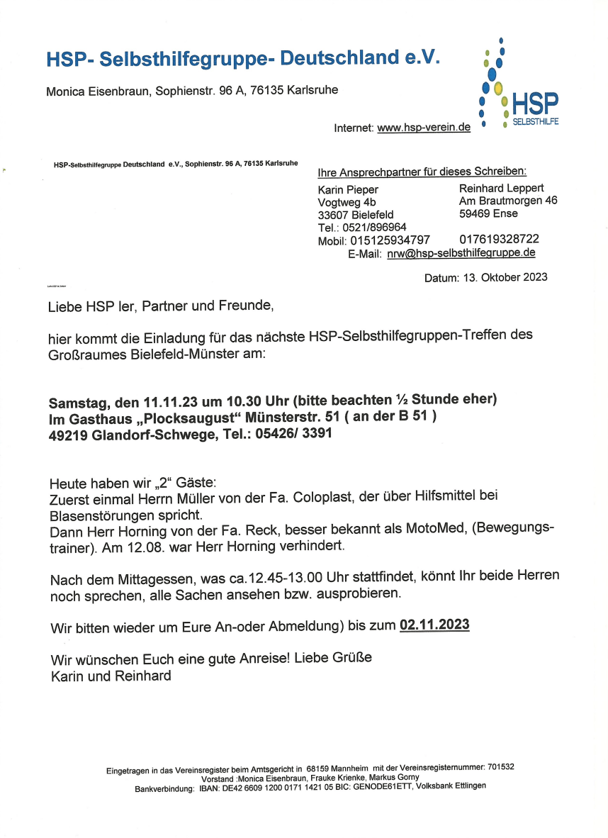 Einladung für das nächste HSP-Selbsthilfegruppen-Treffen des Großraumes Bielefeld-Münster am: 11 ...